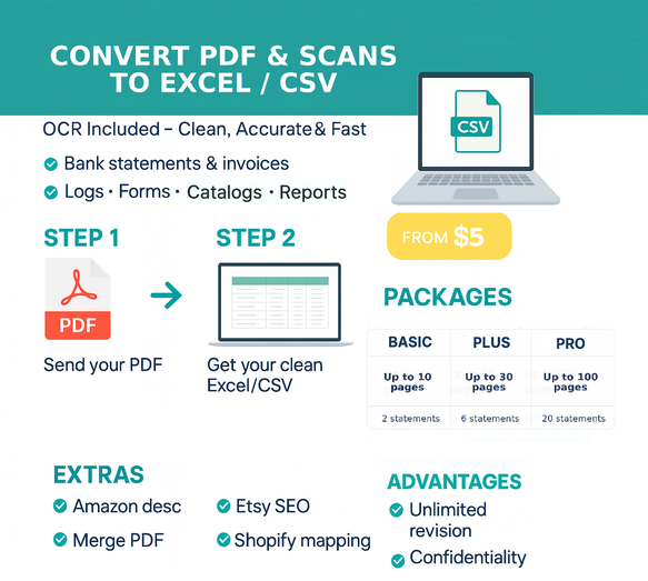 Je vais convertir PDF en Excel/CSV (OCR), saisir, nettoyer et formater vos données par Axel_Parse