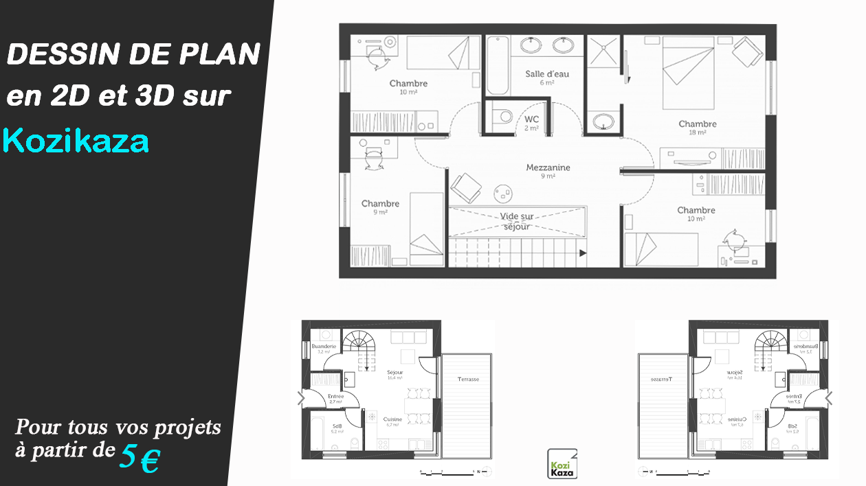 Je vais dessiner un plan de maison en 2D et 3D sur kozikaza ou des plans architecturaux pour ...