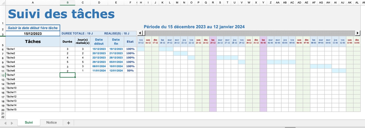 Je vais vous fournir un fichier Excel de suivi des tâches avec GANTT ...